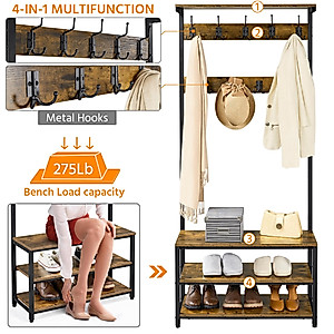 Yaheetech 3-in-1 Design Hall Tree Coat Rack Shoe Bench with 23 Hooks, Entryway Storage Shelf Bench with Metal Frame, Industrial Accent Furniture for Mudroom & Hallway, Easy Assembly, Rustic Brown