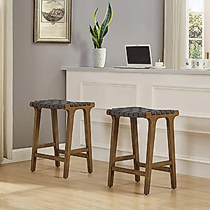 Ball & Cast Woven Strips Counter Height Bar Stools 24" H Backless Stool Chair, Dark Grey Faux Leather
