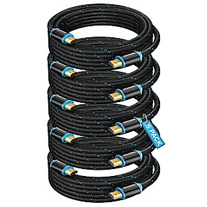 HDMI Cable 4K Ultra HD 10 Foot (5 Pack) Nylon Braided HDMI 2.0 Cable, High Speed 18Gbps 4K60Hz HDR, 3D, 2160p, 1080p, HDCP 2.2, ARC, HDMI Cables for Monitors, HDTV