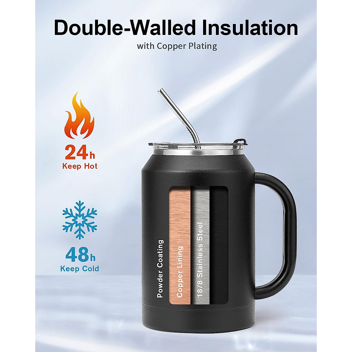 Trebo 50 oz Stainless Steel Mug Tumbler with Handle, Vacuum Insulated Large Iced Coffee Cup with Lids and Straws,Reusable Water Bottle Trave Flask Jug Keeps Drinks Cold up to 36 Hrs,Sweat Proof,Black