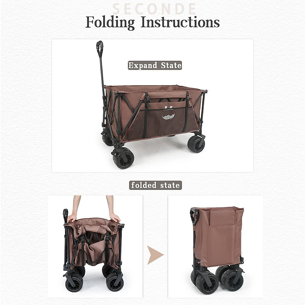 Whitsunday Heavy Duty Collapsible Wagon Cart, 380lb Load-Bearing Utility Wagon Cart with Big All Terrain Wheels, Folding Outdoor Wagon with Side Pocket for Beach, Camping, Outdoor Brown