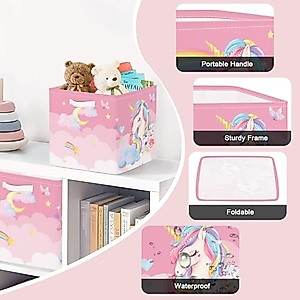 Clastyle 3 Pcs Unicorn Cloud Kid Storage Cube Organizer Set Rainbow Closet Clothes Cube Storage Bin Pink Nursery Toddler Toy Box Chest Flower Book Shelf Basket