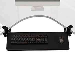 Under Desk Keyboard Tray for Corner L Shaped Desk, Clamp On Keyboard Drawer Slide Out, Ergonomic Desk Extender with Swivel Clips NO Need to Dill Holes, Black