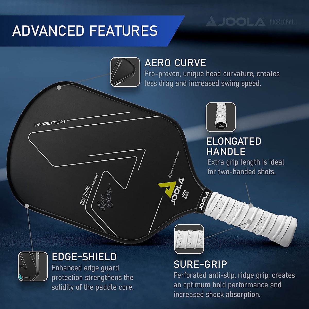 JOOLA Ben Johns Hyperion CGS 14mm Pickleball Paddle - Textured Carbon Grip Surface Technology for Spin & Control with Added Power - Polypropylene Honeycomb Core Pickleball Racket