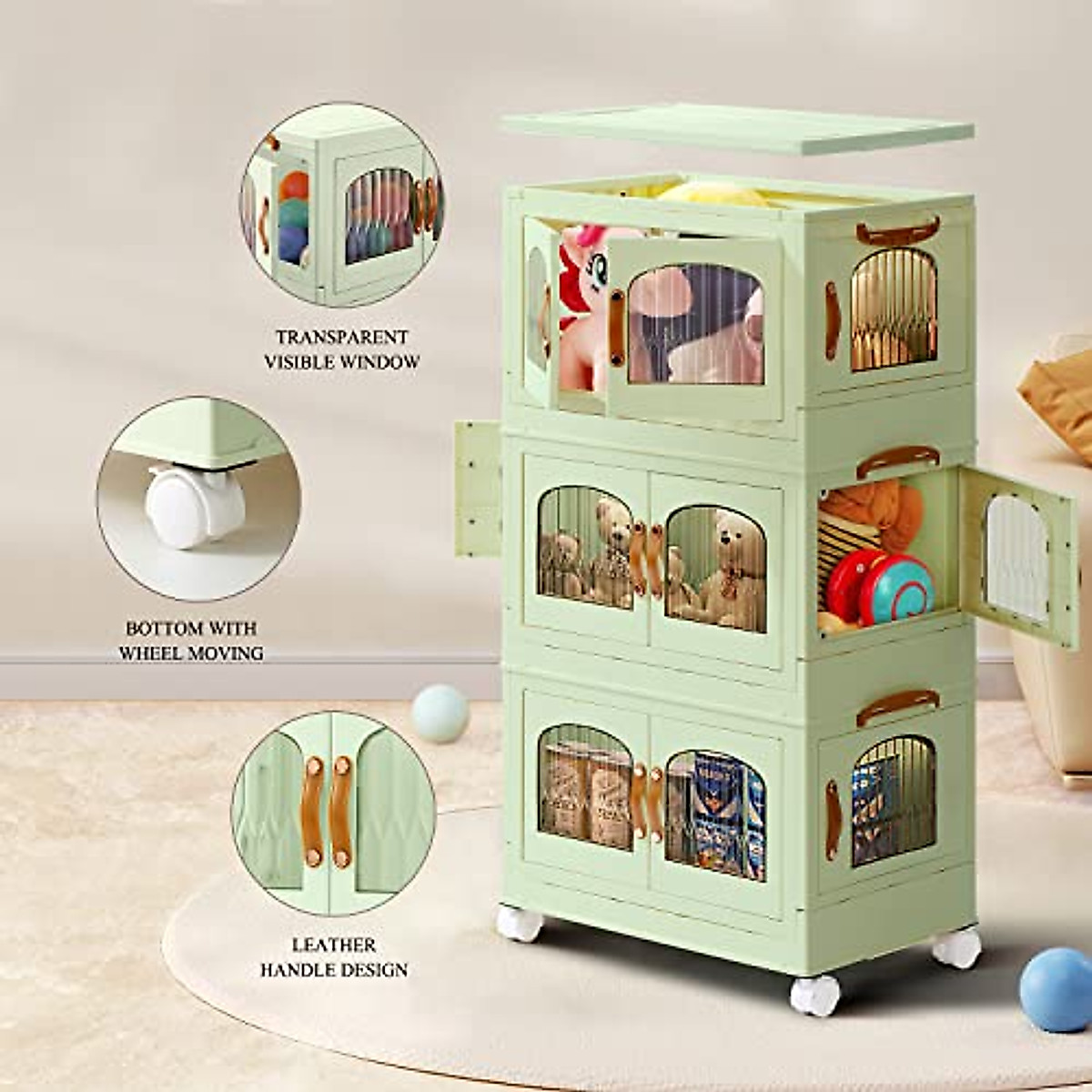 EHAMILY Stackable Storage Bins with 1 Lid Set 3 Tier,8.4 Gal Clear Plastic Folding Storage Box with Wheel and Door,Large Foldable Cabinet Collapsible Bin for Closet Organizer,Clothes,Green