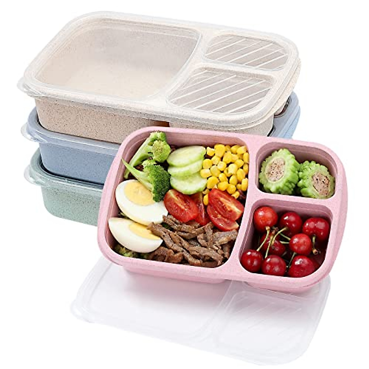 buluker 4 Pack Bento Lunch Box Set 3 Compartment Wheat Straw Meal Prep Food Storage Containers Plastic, Microwave and Dishwasher Safe (3 Compartment)