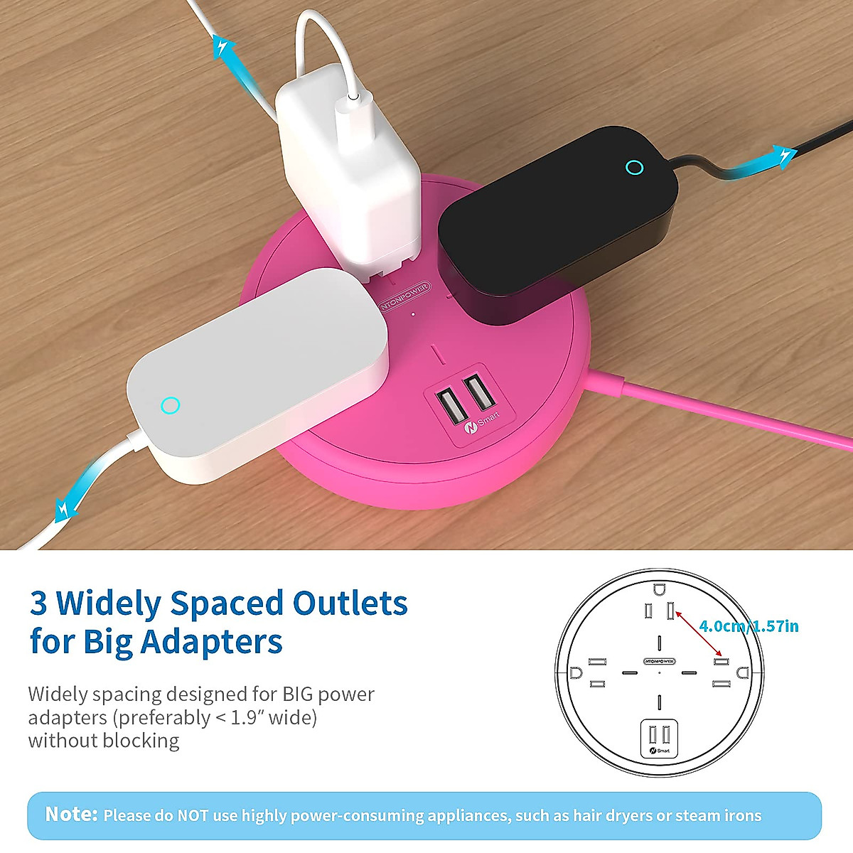 Pink Power Strip with USB Ports, Mountable Flat Plug Extension Cord with 3 Widely Spaced Outlets, 2 USB Charger 5 FT Power Cord, Compact Size Charging Station for Beauty Room Bedroom Home Office