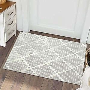 ROYHOME Washable Area Rug Entryway Small Rug Non-Slip Diamond Distressed Accent Rugs Modern Geometric Floor Carpet for Door Mat Bedroom Kitchen Living Room Rug, Grey, 2' x 3'