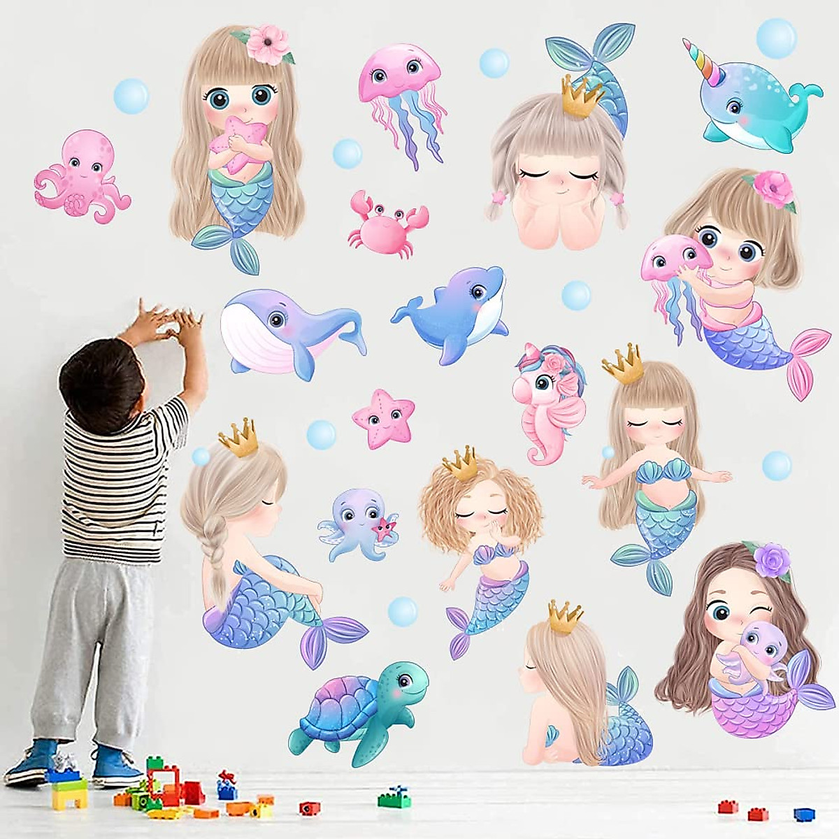 Pinenjoy Cute Mermaid Princess Wall Decal Cartoon Marine Life with Little Bubble Wall Stickers 42x42inch Removable Self-Adhesive Vinyl Wall Clings for Children's Bedroom Nursery Door Decorarion