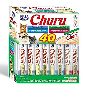 INABA Churu Cat Treats, Grain-Free, Lickable, Squeezable Creamy Purée Cat Treat/Topper with Vitamin E & Taurine, 0.5 Ounces Each Tube, 40 Tubes, Tuna & Seafood Variety Box