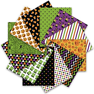 Whaline 12Pcs Halloween Cotton Fabric Bundles 18 x 22 Inch Spider Web Pumpkin Monster Fat Quarters Green Purple Black Orange Quilting Patchwork Squares Sewing Fabrics for DIY Craft Party Decor