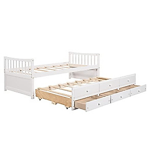 Twin Daybed with Trundle and Storage Drawers Wood Twin Size Bed Frame with 3 Drawers Wooden Platform Beds for Kids Boys Girls Teens, White