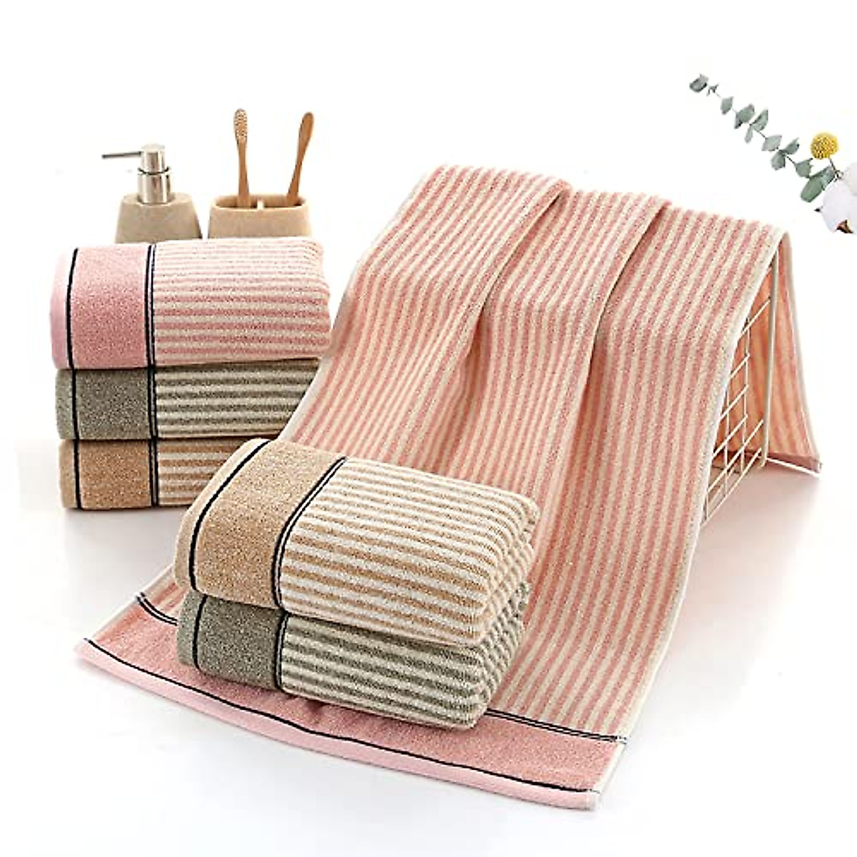 Pidada Hand Towels Set of 2 100% Cotton Striped Pattern Absorbent Soft Decorative Towel for Bathroom 13.4 x 29.1 Inch (Pink)