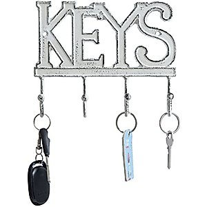FairyCity Keys Holder for Wall Metal Vintage Keys Hook-18 * 15cm Home Decor Key Hanger Decorative with 4 Hooks,White