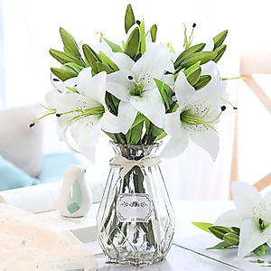 Aiinoo 5pcs Artificial Lily Faux Flowers Plastic Easter Tiger Lily Real Touch Bouquet for Wedding Party Home Garden Hotel Decor (White)