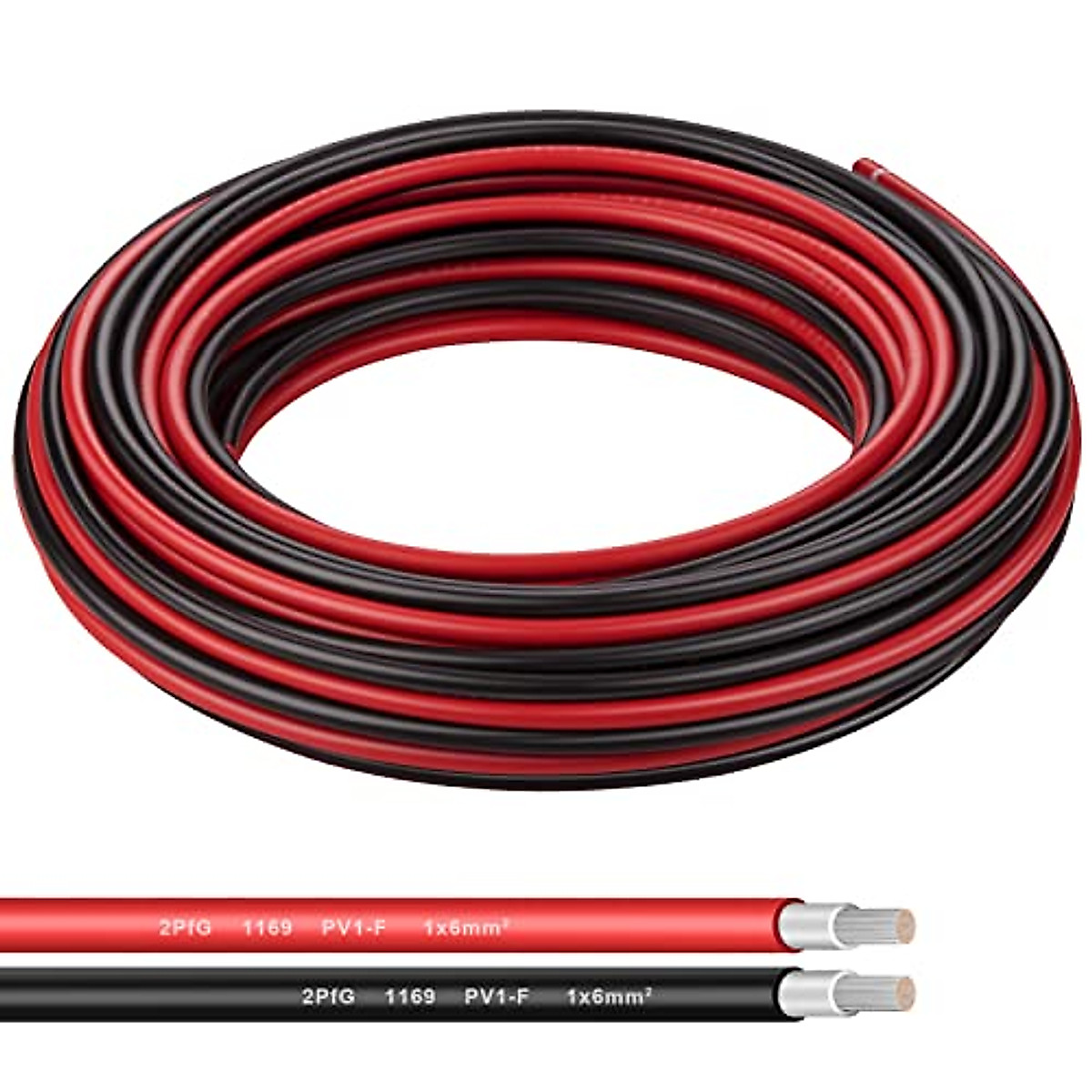 Shirbly Solar Panel Wire - 50FT Black & 50FT Red Tinned Copper Wire, 10AWG (6mm²) PV Wire Solar Extension Cable for Outdoor Automotive RV Boat Marine Solar Panel- Black & Red (10AWG 50FT)