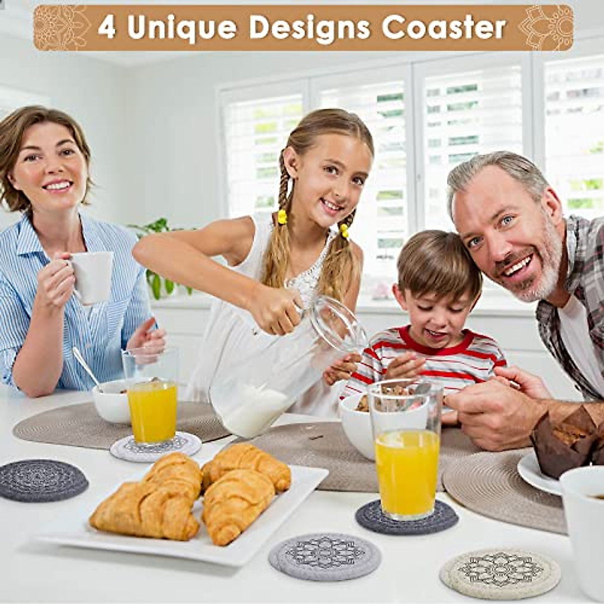 8 Pieces Coasters for Drink Absorbent, Billbotk Mandala Drink Coasters with Holder, Woven Coasters Set for Coffee Table, Wooden Table and Home Decor, 4.3 Inches