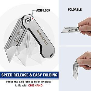 WORKPRO 2PCS EDC Folding Utility Knife, Mini Box Cutter with Quick Open Axis Lock, Quick Change Blade Razor Knife, Foldable Small Pocket Knife with Belt Clip, 2 Packs with 10 Extra Blades