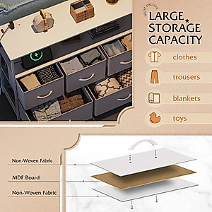 WLIVE Dresser TV Stand for 45 inch TV, White Fabric Dressers for Bedroom with 5 Drawers, Entertainment Center with Open Shelf and Power Outlet, TV Stands for Living Room, Closet