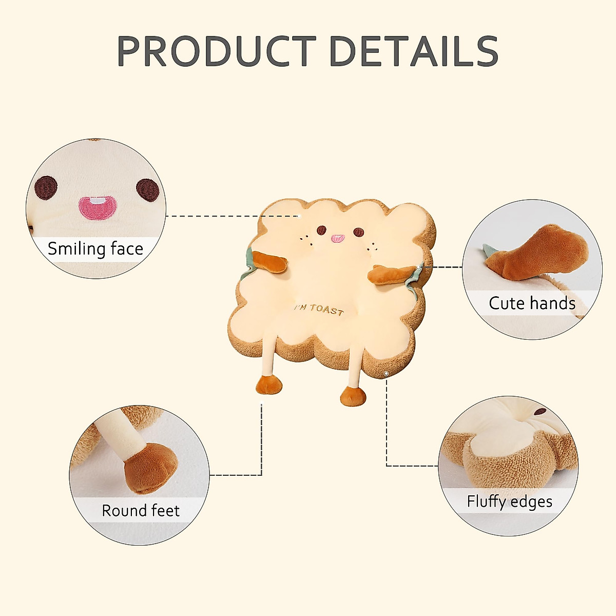 ELFJOY Set of 2 Kawaii Chair Cushions Toast Cute Seat Cushion with Ties, 2 Pack Office Chair Cushion with Anti Skid Particle, Kids Chair Pads for Home Dinning Kitchen Desk Chair Toast Bread 15.7 Inch