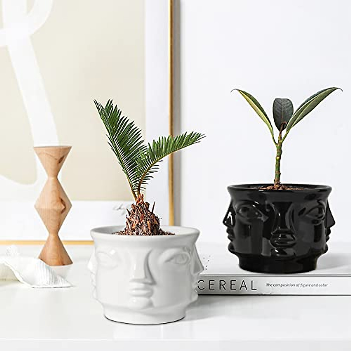 T4U Face Succulent Pots with Drainage 2-Pack - Small Ceramic Head Succulent Planter for Tiny Cactus, Herb, Bonsai Plant, Mini Flower Pot for Indoor Home Office Living Room Decor (No Plants)