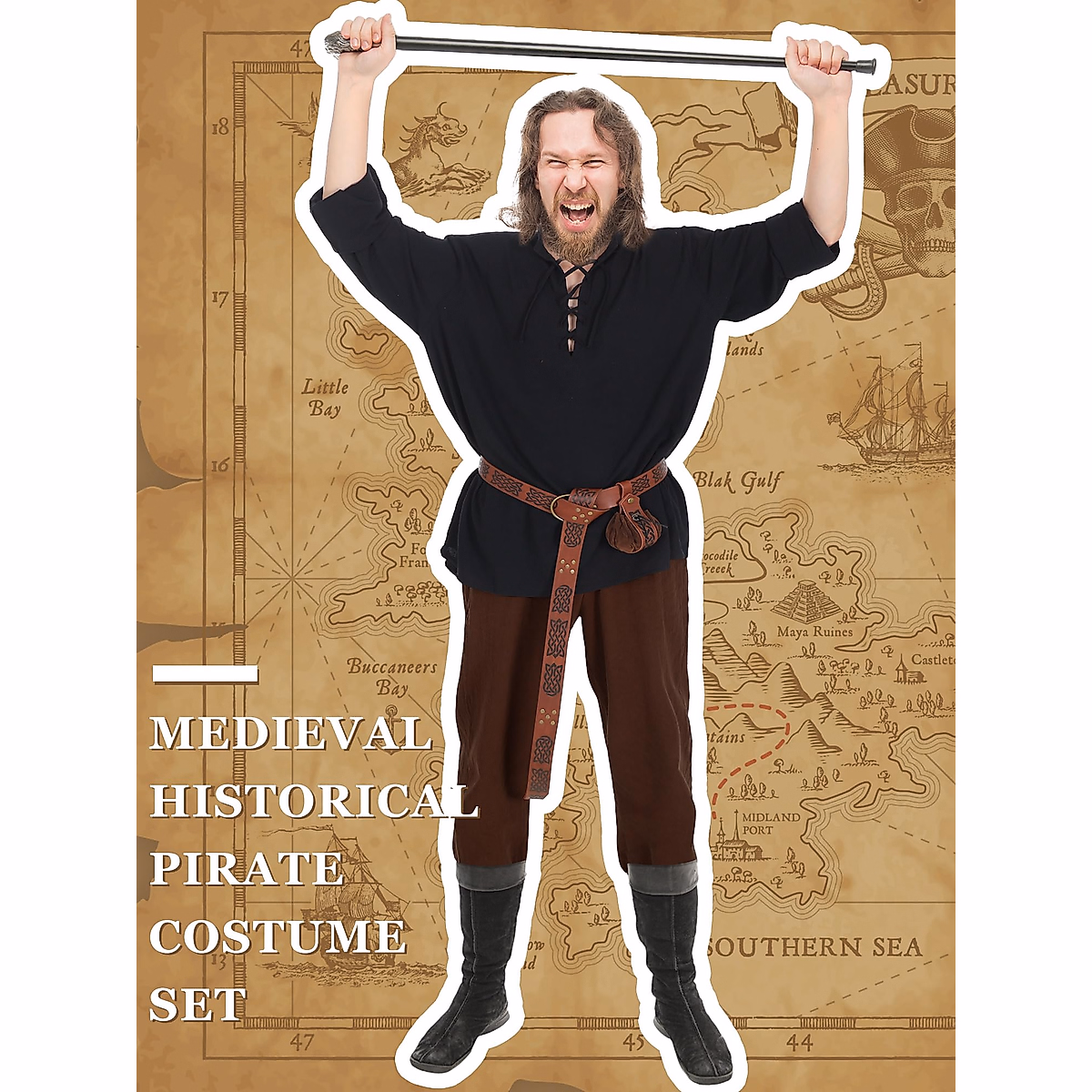 Panitay 4 Pcs Halloween Men's Medieval Costume Set Renaissance Pirate Shirt Pants Viking Belt Retro Pouch Outfit for Cosplay(X-Large,Black, Dark Brown, Brown)