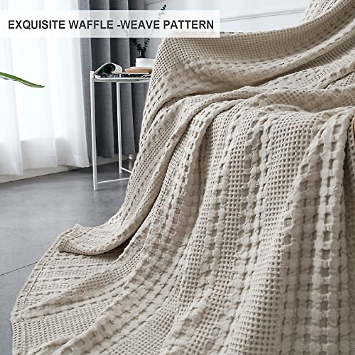 PHF 100% Cotton Waffle Weave Throw Blanket - Washed Soft Lightweight Blanket for All Season - Breathable and Skin-Friendly Blanket for Couch Bed Sofa 50"x60"- Light Khaki/Linen