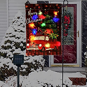 Led Christmas Garden Flag, NDLT Vertical Red Truck Lighted Flag with Solar Panel, Merry Christmas Double-Sided Oxford Cloth Seasonal Outdoor Flag for Winter Yard Garden Lawn Decoration(12x18 inches)