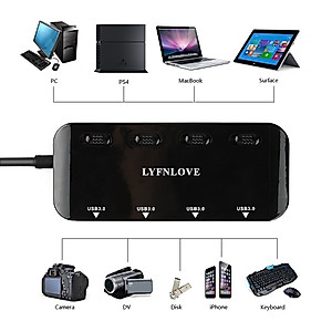 Multi USB Port Expander, LYFNLOVE Ultra Slim USB Hub 3.0, 4-Ports USB Splitter High-Speed USB Data Hub with Individual On/Off Power Switches for Laptop, Computer, PC, Thumb Driver and More