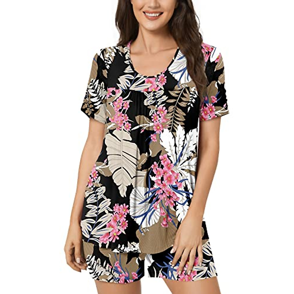 POPYOUNG 2023 Women's Summer Two Piece Pajama Sets With Pockets, Short Sleeve Tunics with comfy Shorts, Lounge Sleepwear Ladies Pjs Sets 2XL, Brown Leaves