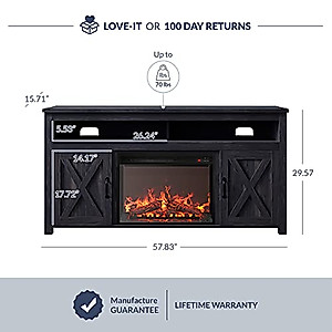 BELLEZE 58" TV Stand with 23" Electric Fireplace, Barn Door TV Stand for TVs up to 60", Wood Entertainment Center with Open Shelves and Cabinets - Corin (Rustic Grey)