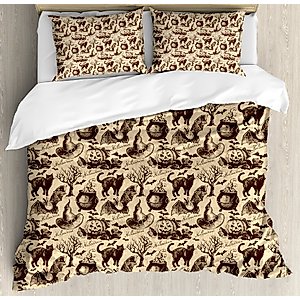 Ambesonne Vintage Halloween Duvet Cover Set, Halloween Witch Hat Cauldron Fall Jack o' Lantern Black Cat, Decorative 3 Piece Bedding Set with 2 Pillow Shams, Queen Size, Brown