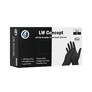 LW Concept Black Medical Nitrile Examination Gloves - Latex & Powder-Free, Disposable, Ultra-Strong, Healthcare, Food Handling Use (Large, Box of 100)