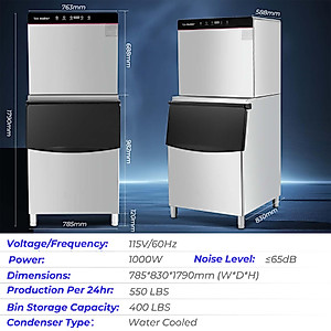 PULLAFUN Commercial Ice Maker Machine 550LBS/24H, Industrial Ice Machine with 330lbs Storage Bin, Ice ready in 8-15 min, Stainless Steel 1280W/120V, Self-Clean Ice Maker for Cafe/Bar/Restaurant