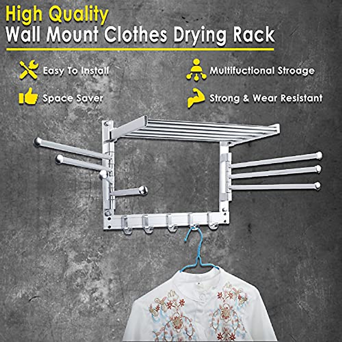 Yaegoo Clothes Drying Rack, Foldable Wall Mounted Laundry Drying Rack, Drying Rack Swivel Towel Rack with Hooks and Swing Arms, Space Saver Clothes Rack in Laundry Room and Bathroom