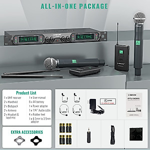 Phenyx Pro Wireless Microphone System, 4-Channel UHF Wireless Mic Set with Handheld/Bodypack/Headset/Lapel Mics, Fixed Frequency Metal Cordless Microphone for Church,Singing,DJ(PTU-5000-2H2B)