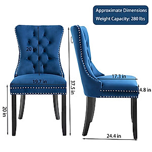 Rhomtree Set of 2 Velvet Fabric Dining Chairs Luxury Tufted Back with Nailed Trim and Back Ring Pull Home Kitchen Dining Room Chairs Armless Accent Side Chairs Solid Rubber Wood Legs, Set of 2 (Blue)