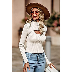 PRETTYGARDEN Women's 2023 Fashion Fall Clothes 2 Piece Cutout Tops Long Sleeve Mock Neck Rib Knit Winter Pullover Sweater (Beige White,Small)