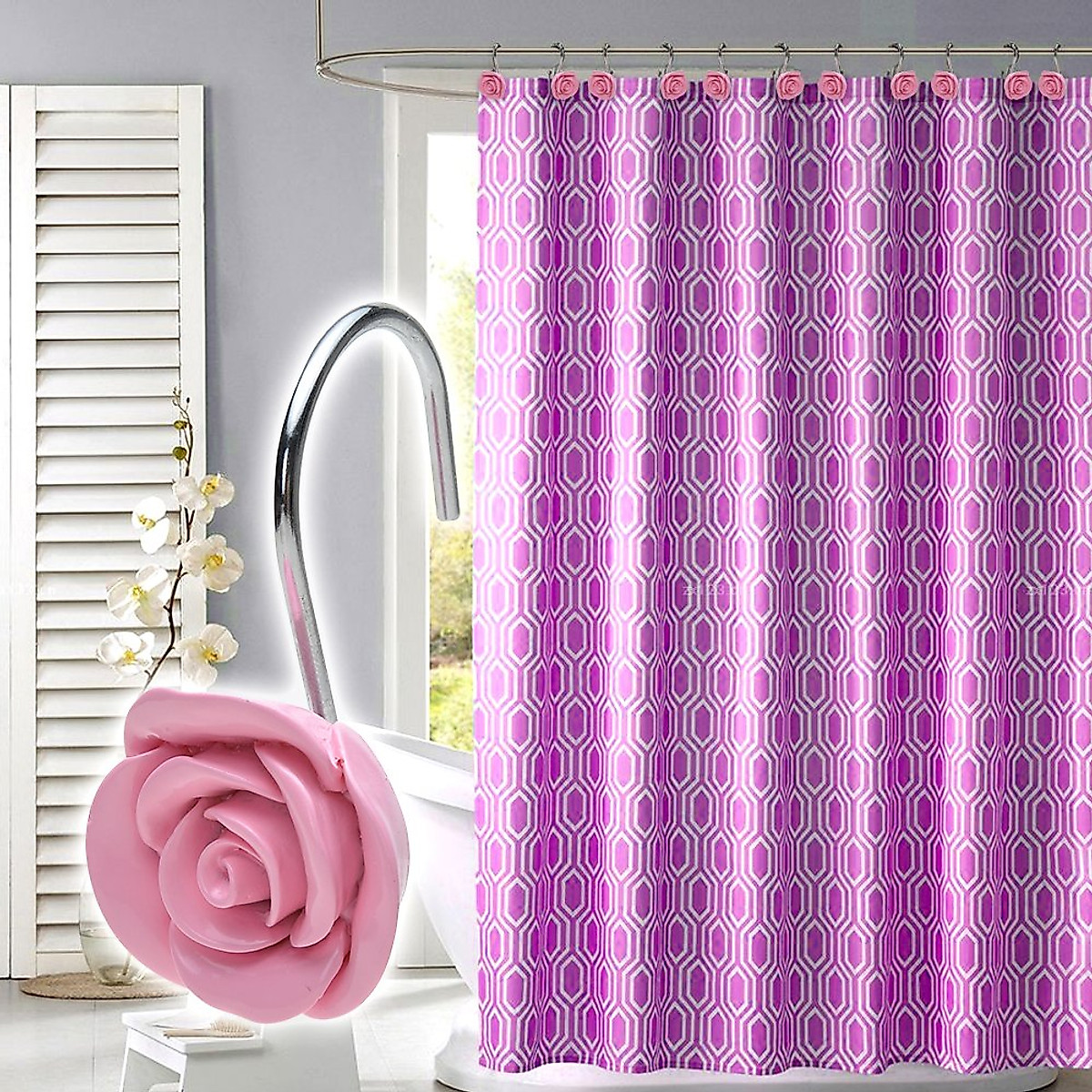 AGPTEK Rose Shower Curtain Hooks, 12PCS Anti Rust Decorative Resin Hooks for Bathroom, Baby Room, Bedroom, Living Room Decor (Pink Rose)