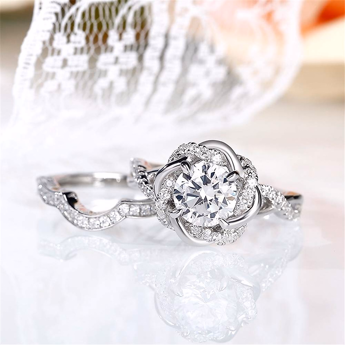 Jeulia 2.5 Carat Halo Solitaire Engagement Rings Women 925 Sterling Silver Floral Flower Rings White Diamond Eternity Band Ring Round Cut Bridal Ring Set Anniversary Promise Rings for Her