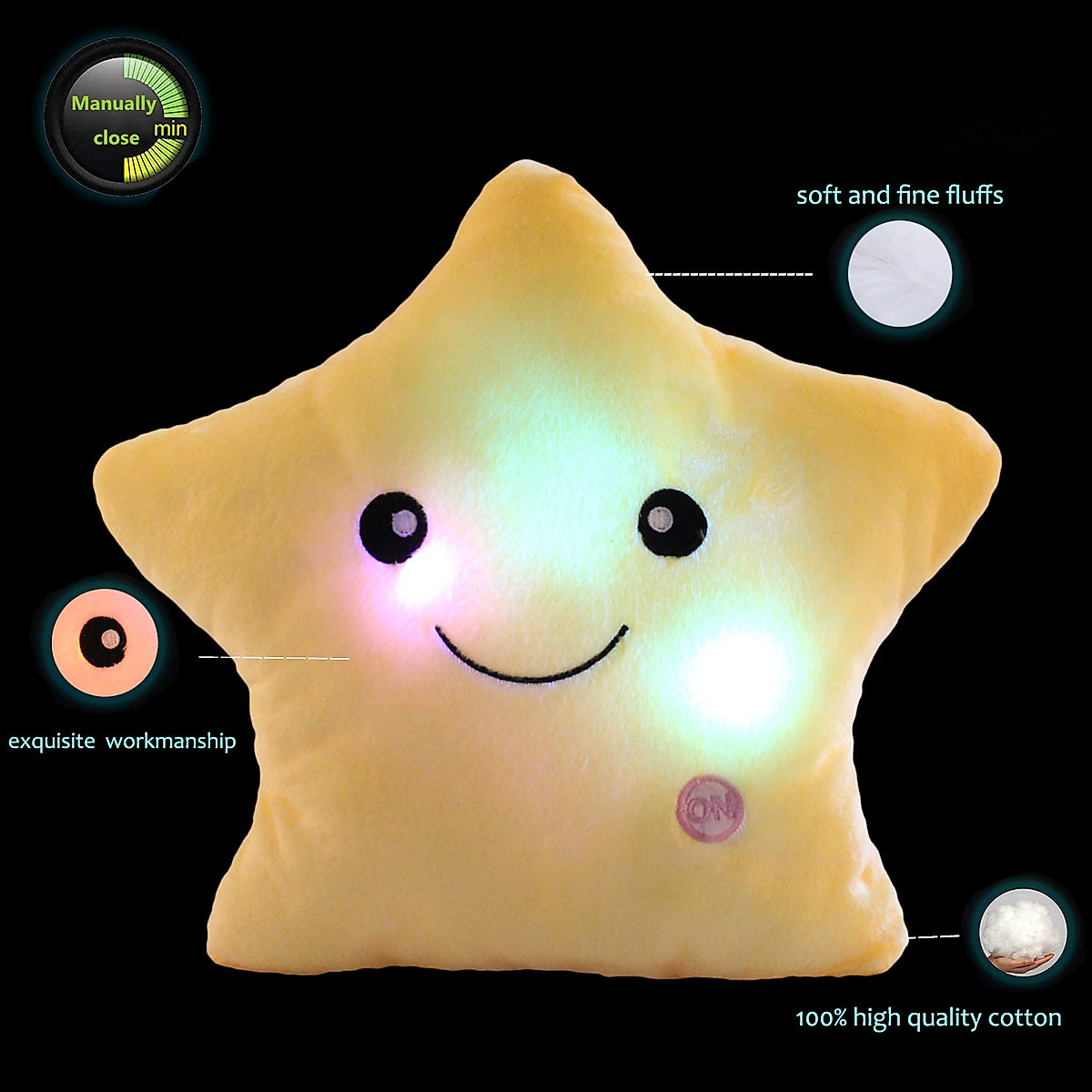 sofipal Creative Twinkle Star Shaped Plush Pillow, LED Night Light Glowing Cushions Plush Stuffed Toys Gifts for Kids, Decoration (Yellow)