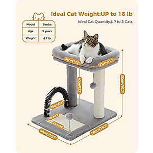 PEQULTI Cat Scratching Post Bed, Cat Scratcher with Sisal Covered Scratching Post and Pad, Self-Grooming Brush for Indoor Kittens and Cats