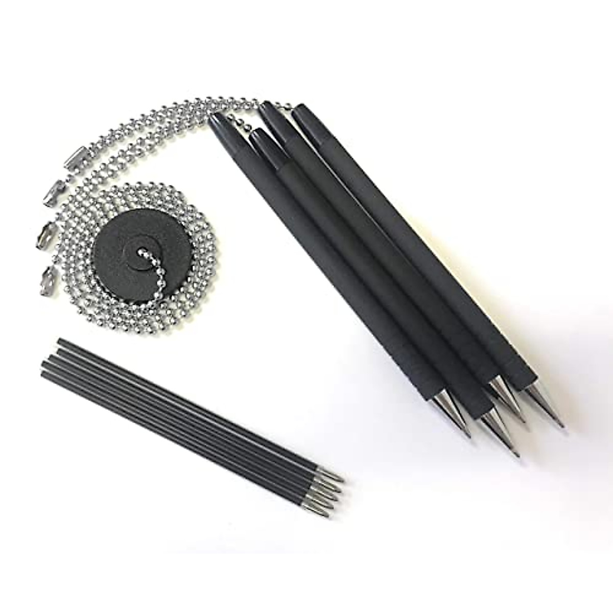Secure Pen With Chain And Office Pen Holder Adhesive, Reception Counter Pen With 26" Ball Pen Chain, 4 Pens With Chain Attached Per Pack, Rubber Grip, Black Ink, Easily Refillable