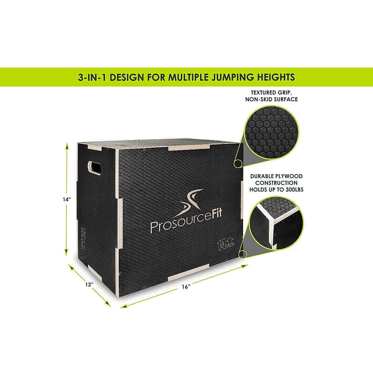 ProsourceFit 3-in-1 Wood Power Grip Non-Slip Plyometric Jump Box for Cross Training, Agility and Plyo Training, Black, 16L x 12W x 14H