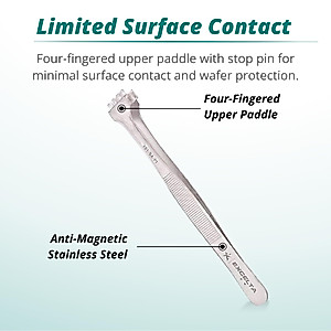 Excelta Wafer Tweezers for 4" Wafers, 5" Fingered Paddle with Guide Pin, Anti-Magnetic Stainless Steel, Features Serrated Handles for Better Control, Intermediate