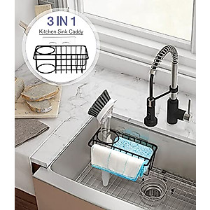 VIS'V 3 in 1 Sink Caddy Sponge Holder, 304 Stainless Steel Adhesive Kitchen Sink Basket Sponge Holder Brush Holder Dishcloth Hanger Kitchen Sink Accessories Organizer Rack with 2 Suction Cups - Black