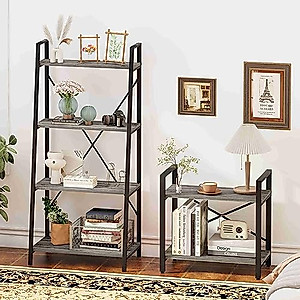 BON AUGURE Small Bookshelf for Small Space, 4-Tier Ladder Bookshelf, Wood and Metal Bookcase for Living Room, Bedroom and Office (Dark Gray Oak)