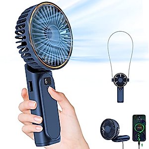 TUNISE Portable Handheld Fan, Neck Fan, 4000mAh Desk Fan, 180° Adjustable, 6 Speed Wind, Display Electricity in Real Time, USB Rechargeable Foldable Fan, Quiet Personal Fan with Power Bank Blue