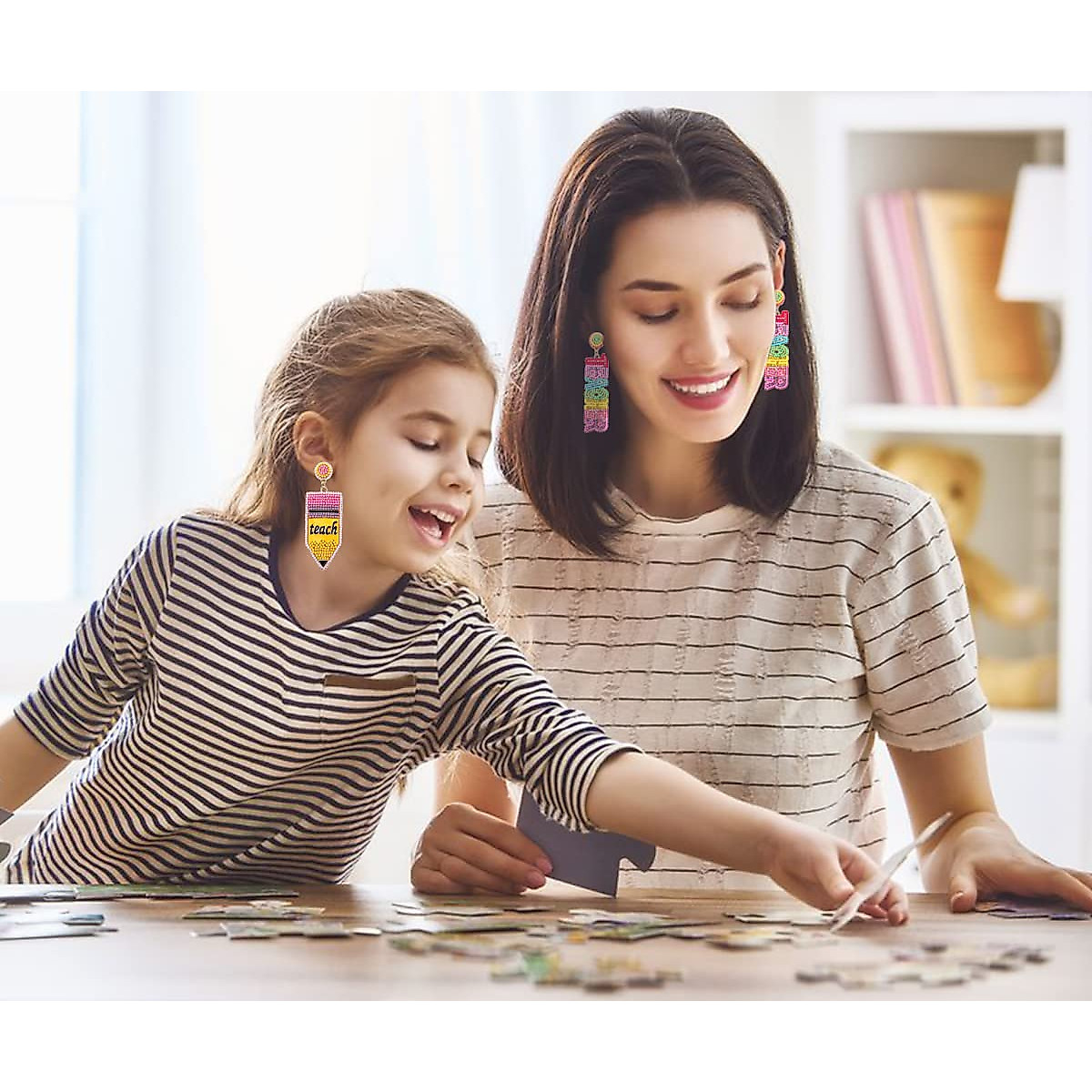 3 Pairs Pencil Earrings Teacher Earrings for Women Rhinestone Beaded Dangle Drop Earrings Colorful Teacher Appreciation Gift Back To School Jewelry Set (2 Pairs Letter)