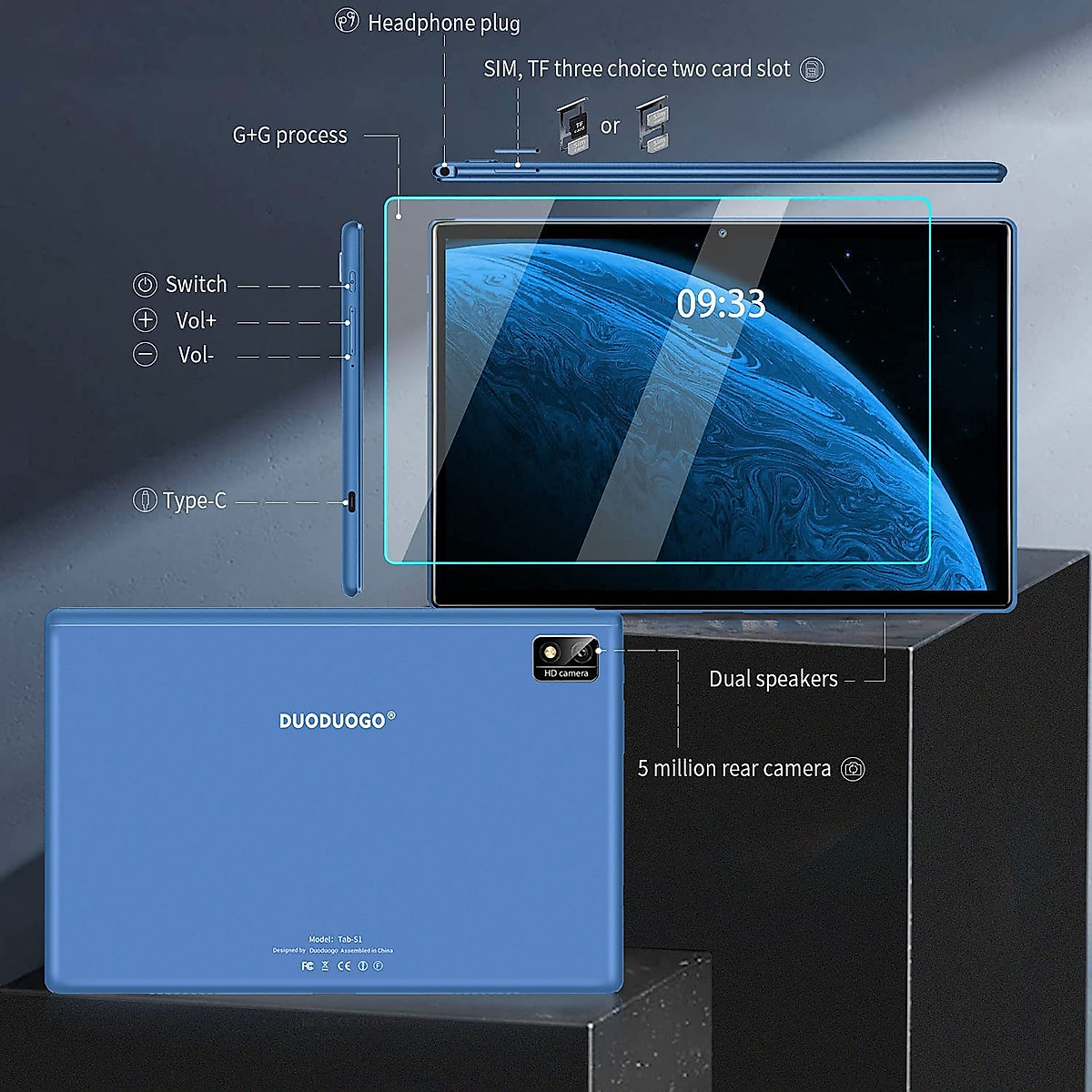 2023 Newest 128GB ROM + 6GB RAM Storage Tablet with Keyboard 10 Inch, Android 11 Tablet Newest Octa-core Processor, 2 in 1 Tablet with 1 Sim Slot+ 5G Dual WiFi network, 1920x1200 HD Display -Blue